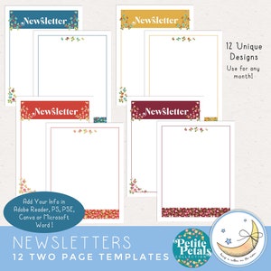 Newsletter Editable Templates 12 Months: Adobe Reader, PS, PSE, Canva ...