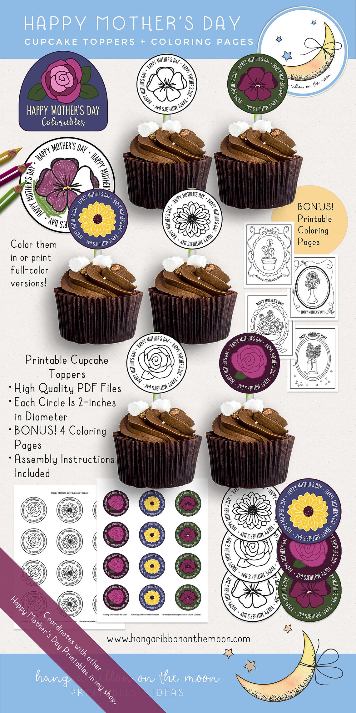 Mother's Day Cupcake Toppers, Printable PDF, Color or Coloring Book ...