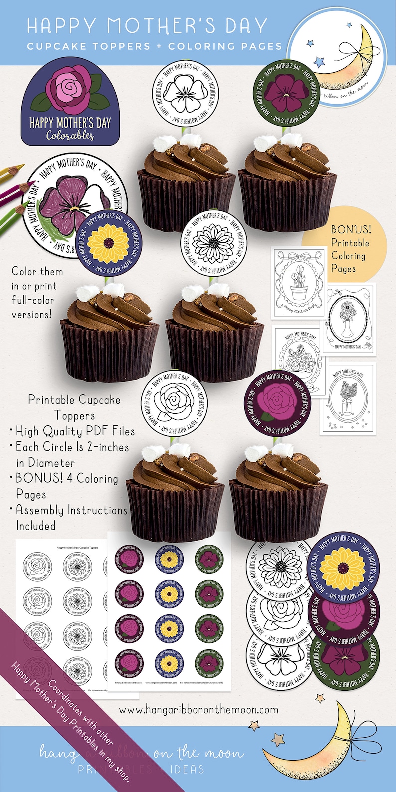 Mother's Day Cupcake Toppers, Printable PDF, Color or Coloring Book ...