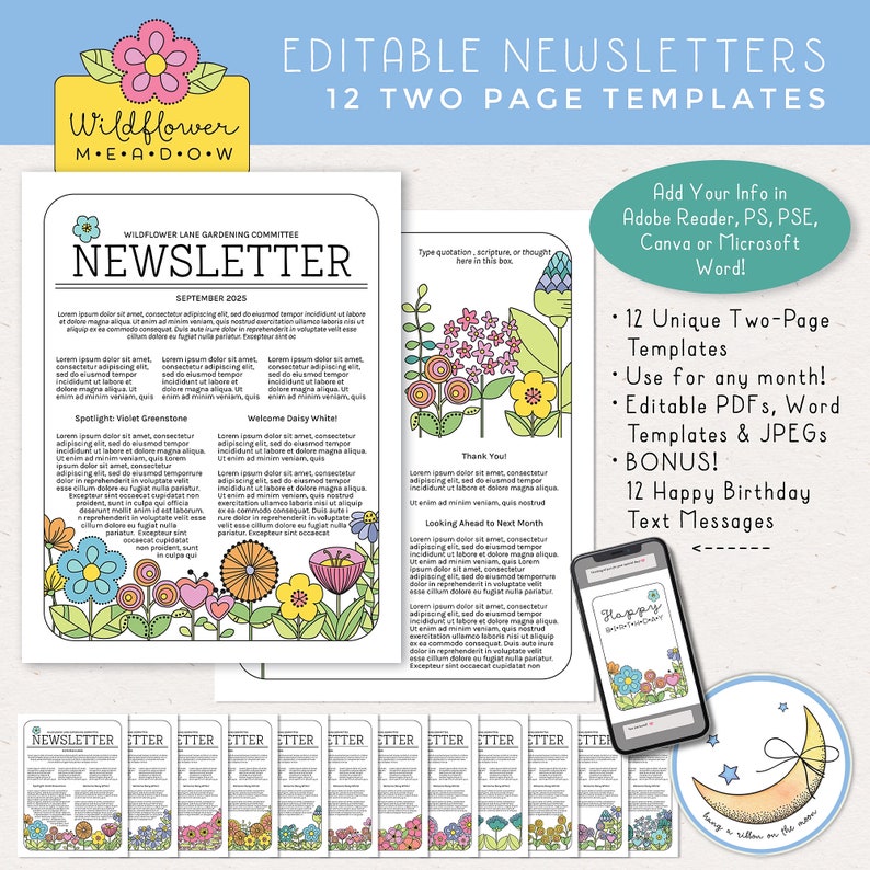 Editable Newsletter Templates, 12 Months, Two Pages, Editable Adobe ...