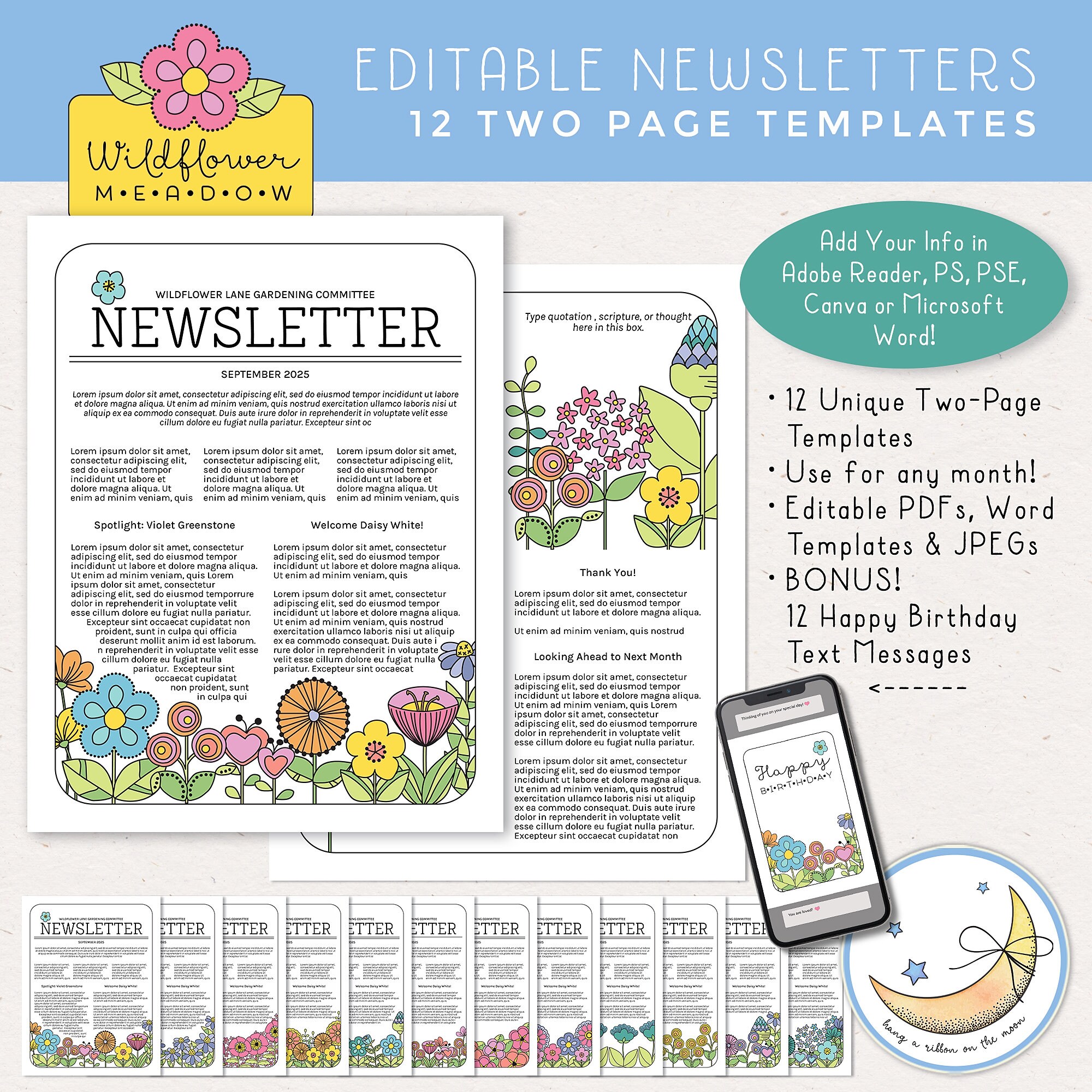 Editable Newsletter Templates, 12 Months, Two Pages, Editable Adobe ...