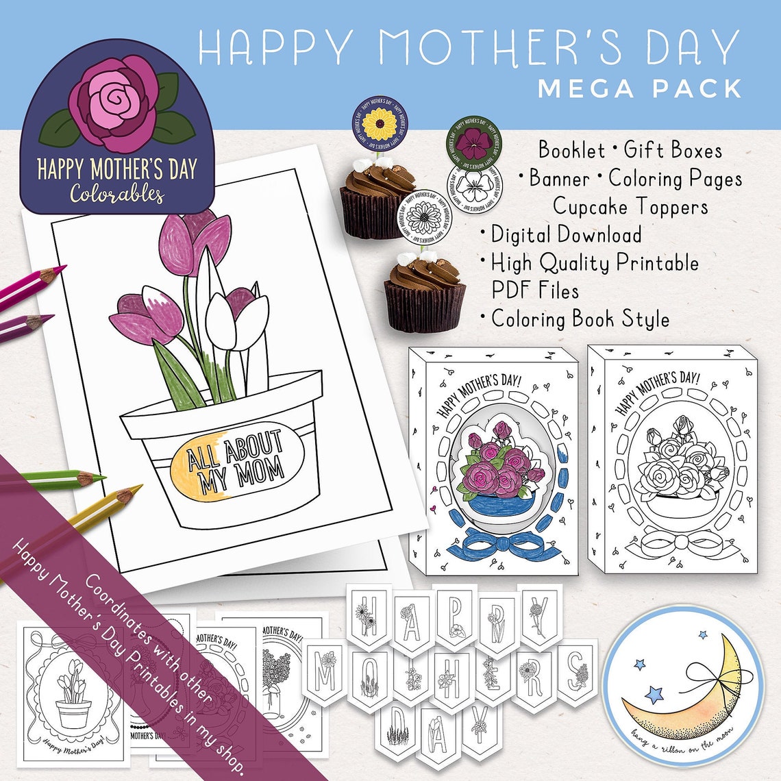 Mother's Day Printable Mega Pack: Booklet, Gift Boxes, Banner, Coloring ...
