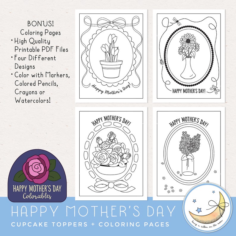Mother's Day Cupcake Toppers, Printable PDF, Color or Coloring Book ...