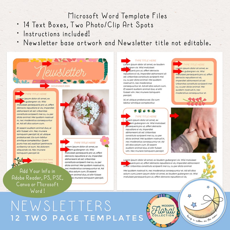Editable Newsletter Two Page Templates: Adobe Reader, PS, PSE, Canva ...
