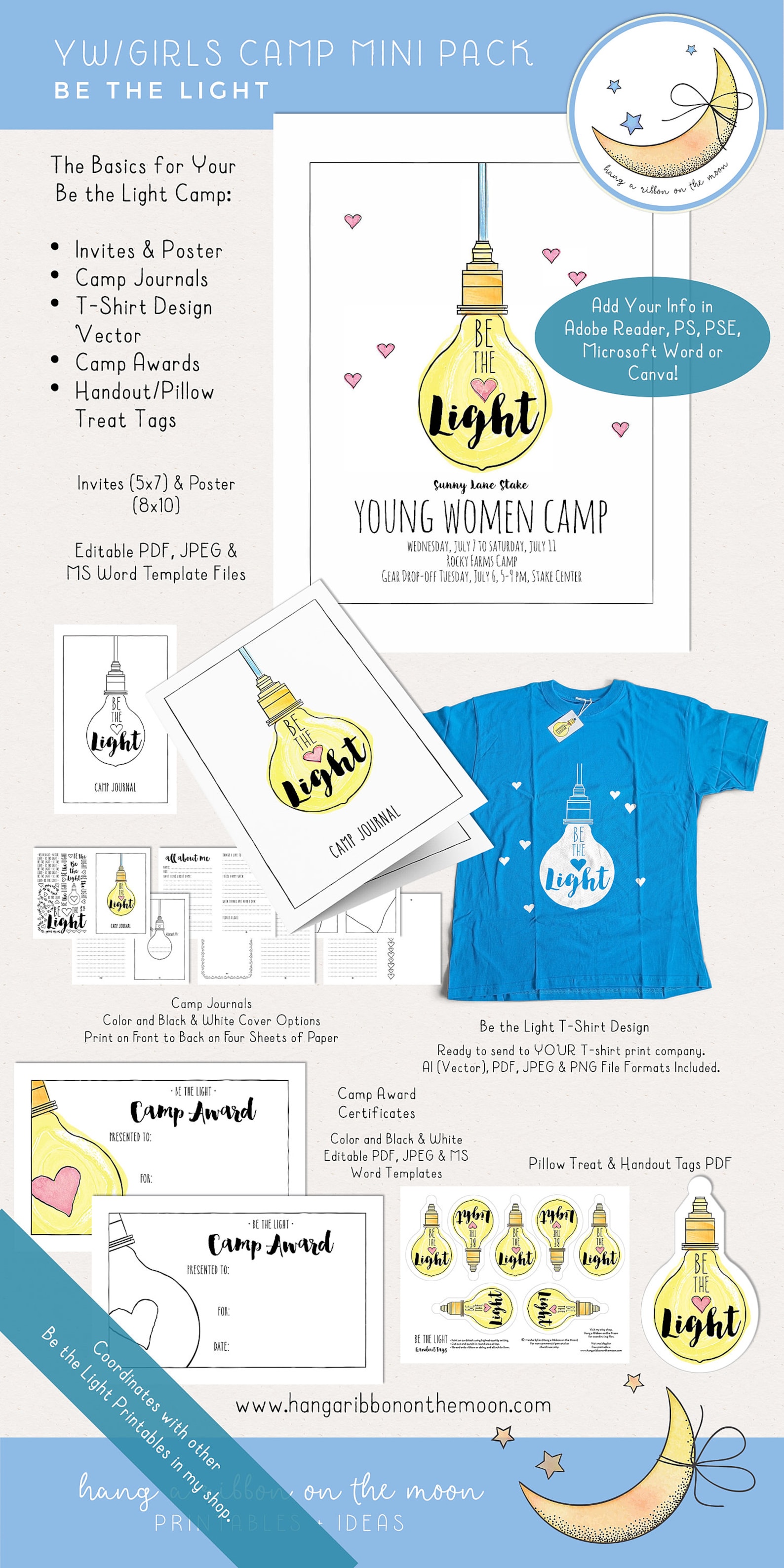 Young Women Girls Camp LDS Printables Pack, Be the Light Theme, T-shirt ...