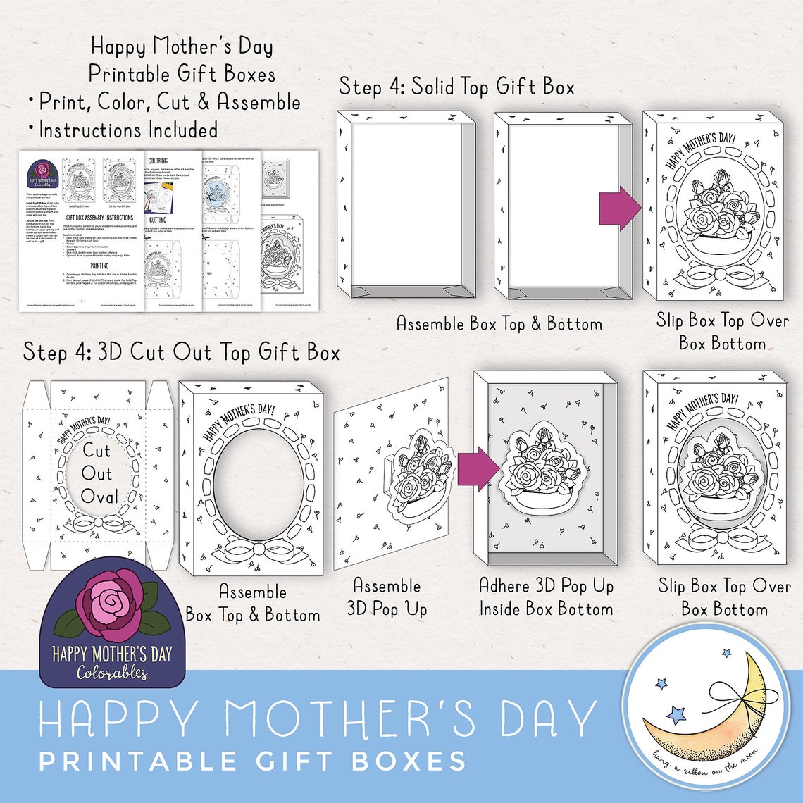 Mother's Day Printable Gift Boxes 5x7 Inches 3D Pop up | Etsy