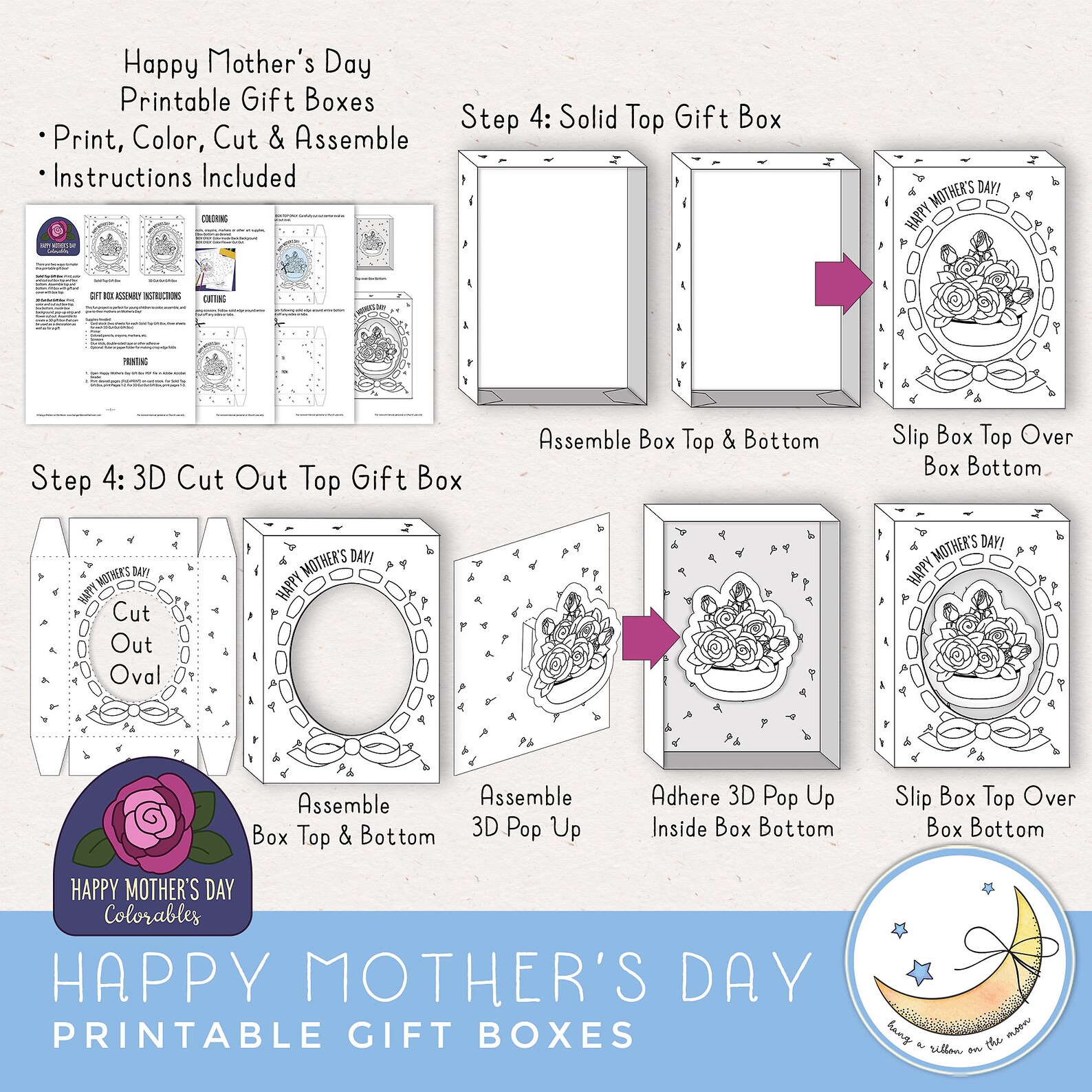 Mother's Day Printable Gift Boxes 5x7 Inches 3D Pop up - Etsy