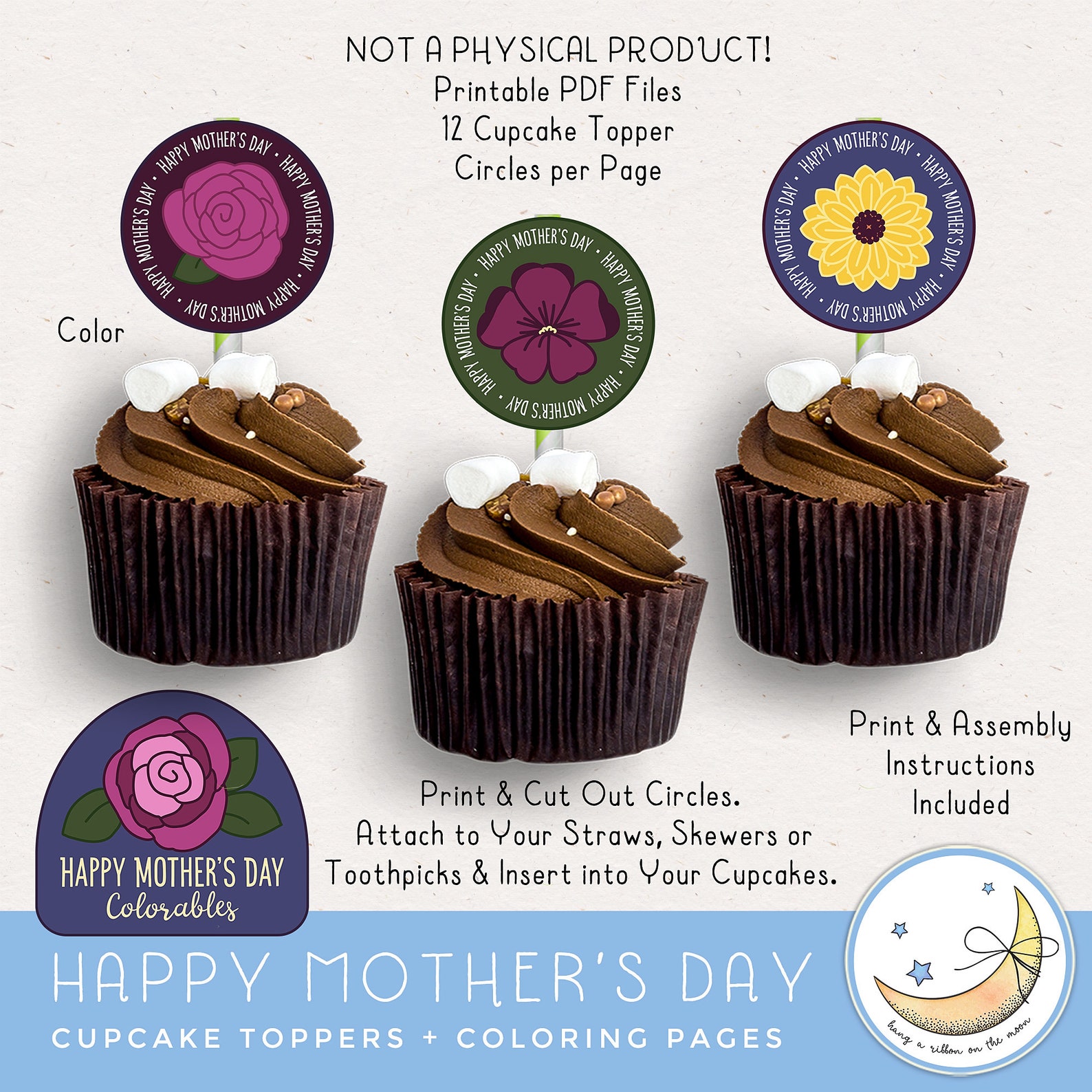 Mother's Day Cupcake Toppers, Printable PDF, Color or Coloring Book ...