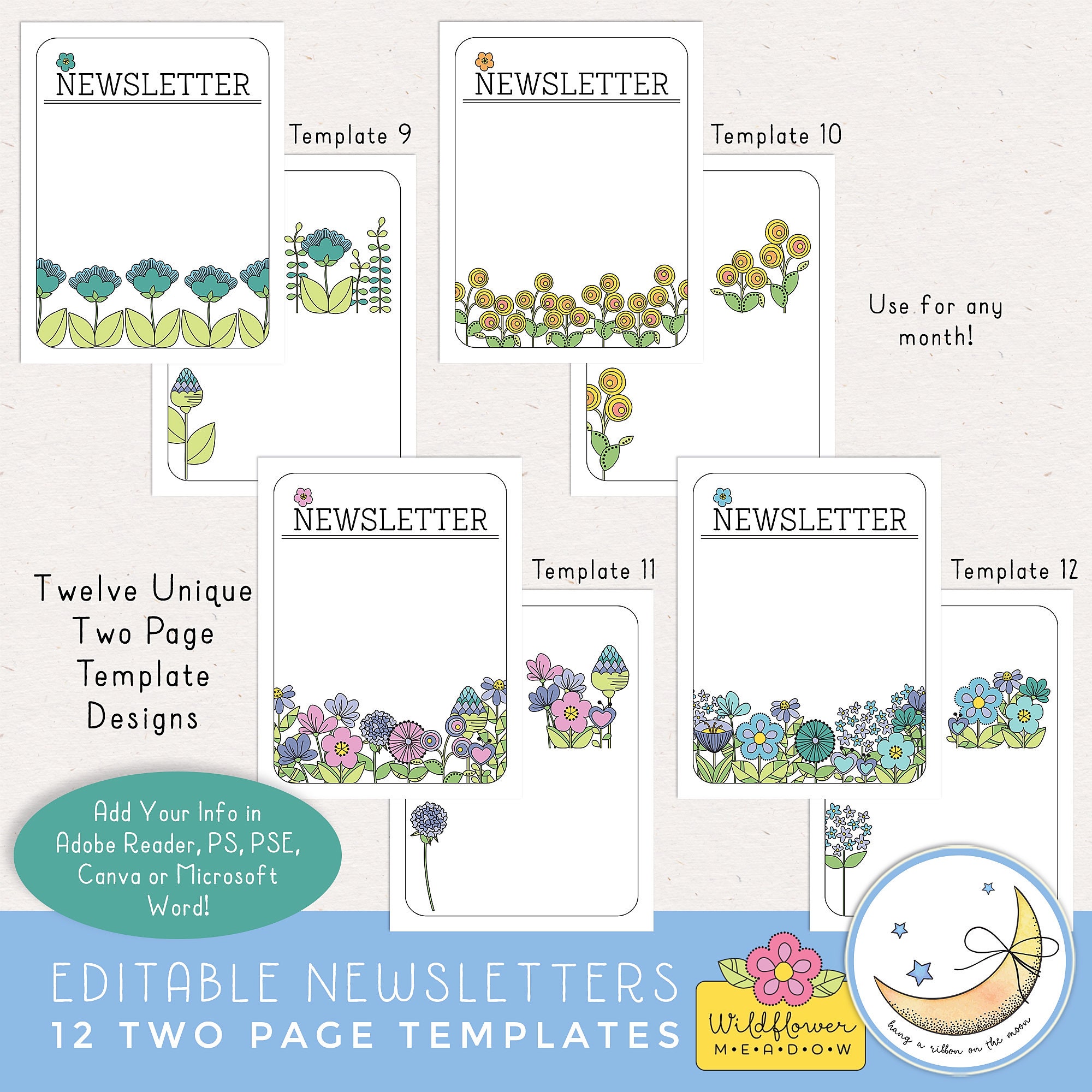 Editable Newsletter Templates, 12 Months, Two Pages, Editable Adobe ...