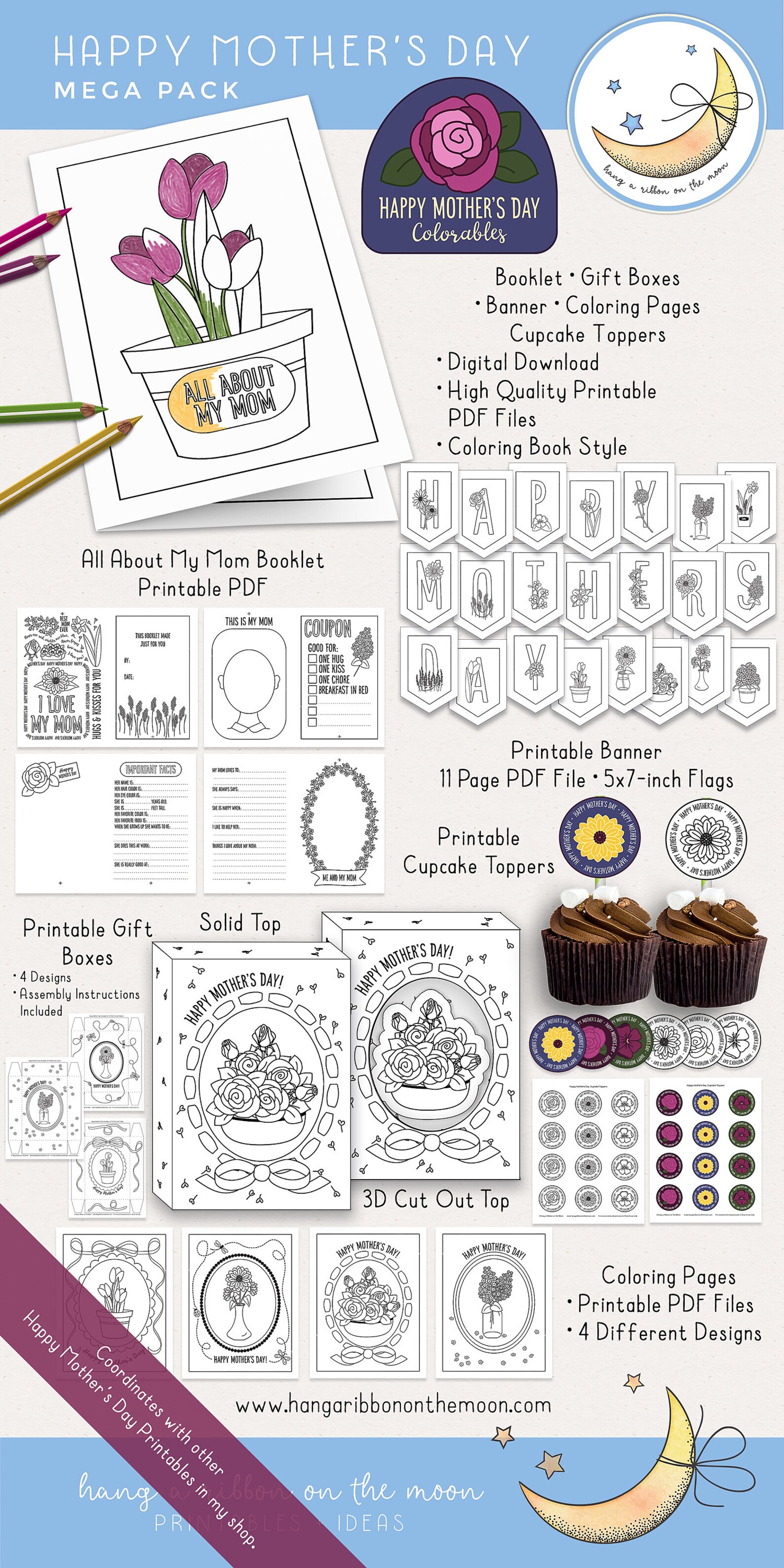 Mother's Day Printable Mega Pack: Booklet, Gift Boxes, Banner, Coloring ...