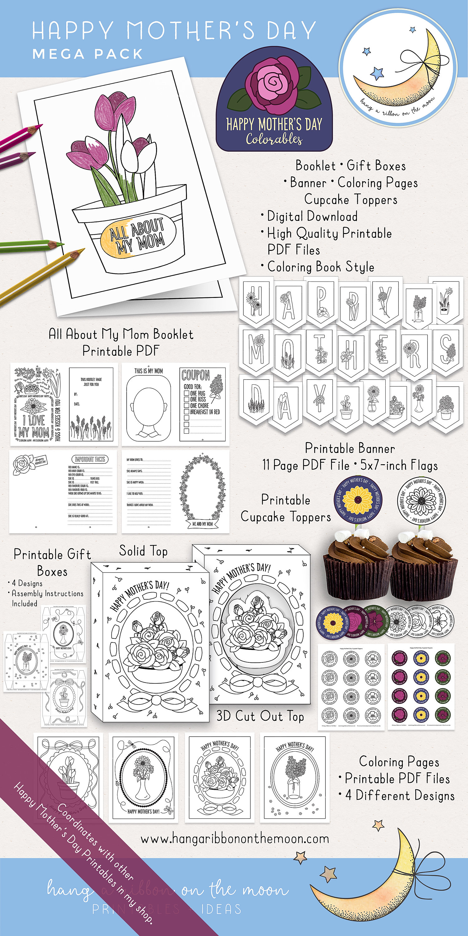 Mother's Day Printable Mega Pack: Booklet, Gift Boxes, Banner, Coloring ...