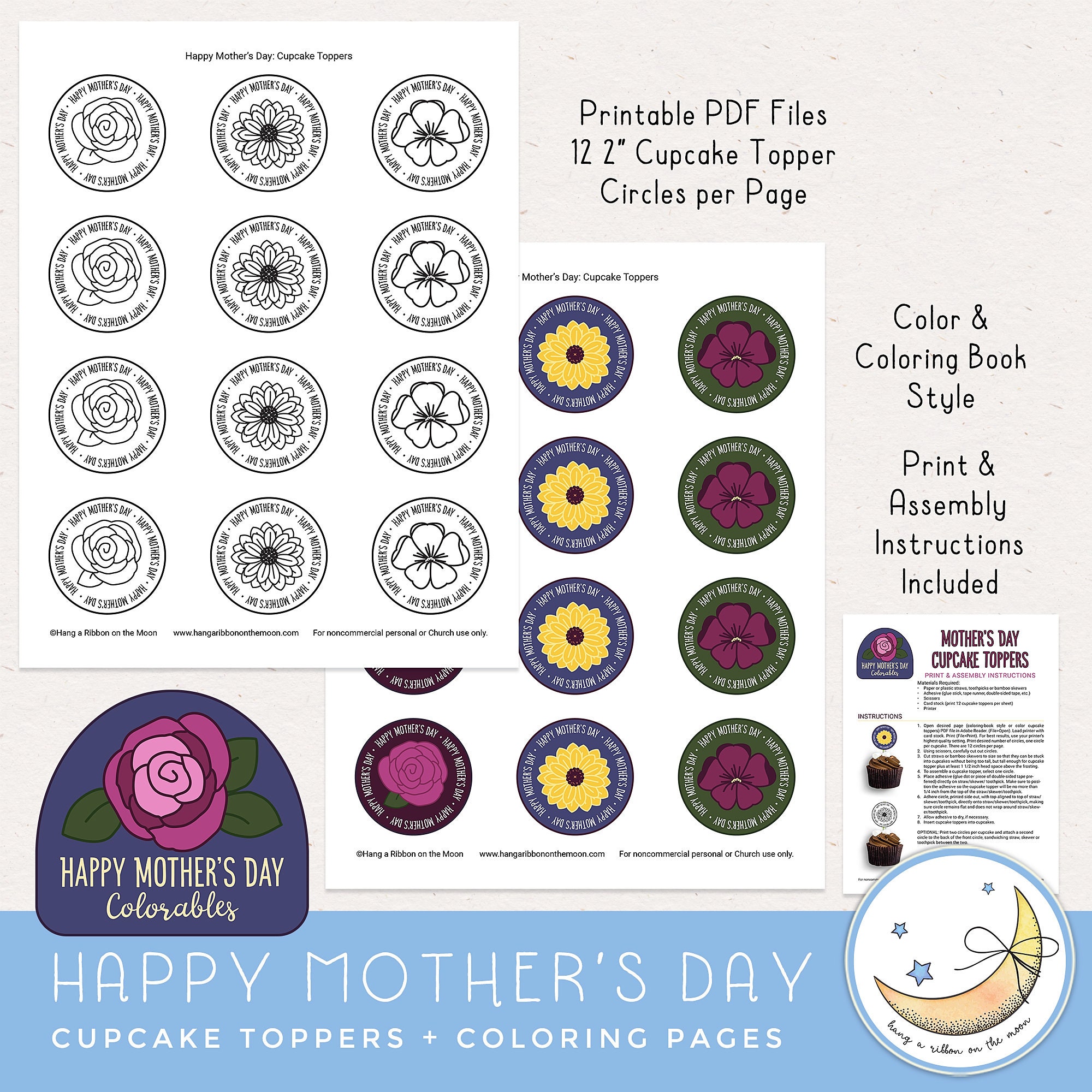 Mother's Day Cupcake Toppers, Printable PDF, Color or Coloring Book ...