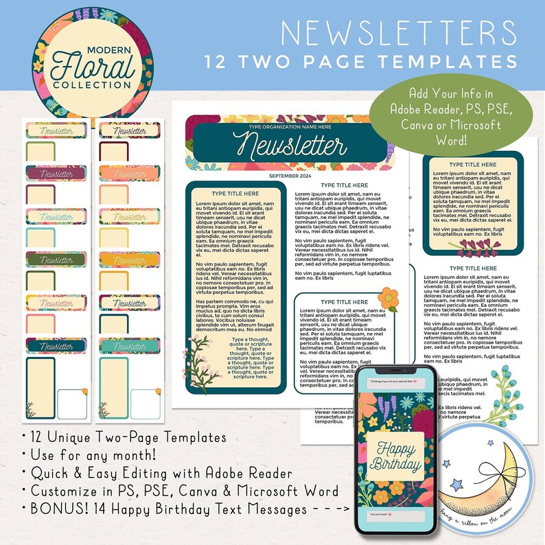 Editable Newsletter Two Page Templates: Adobe Reader PS PSE - Etsy