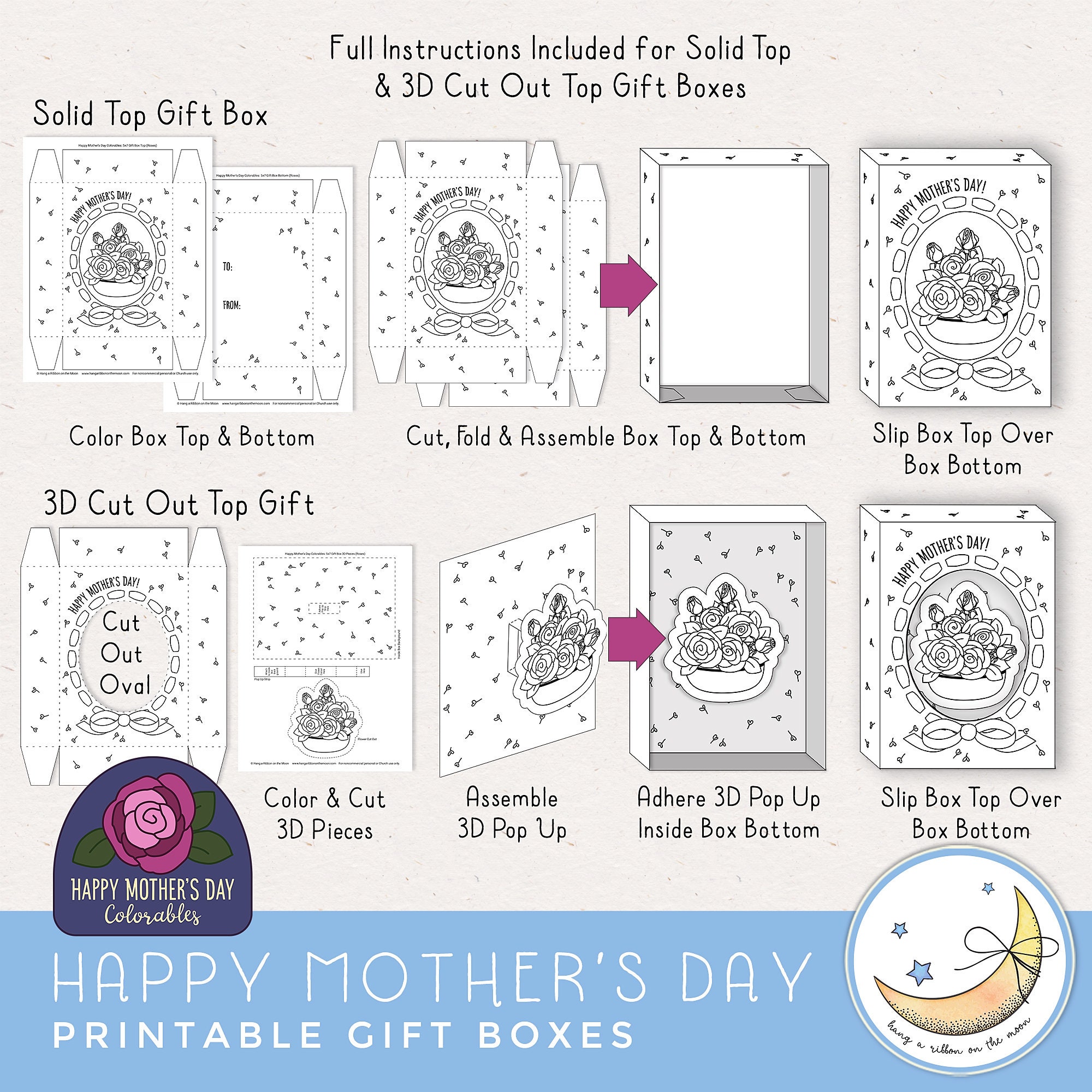 Mother's Day Printable Gift Boxes, 5x7 Inches, 3D Pop up and Solid Top ...