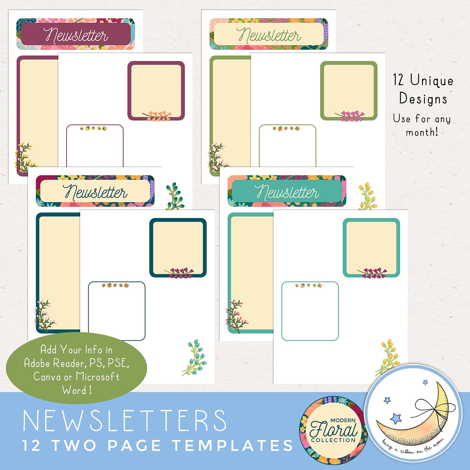 Editable Newsletter Two Page Templates: Adobe Reader, PS, PSE, Canva ...