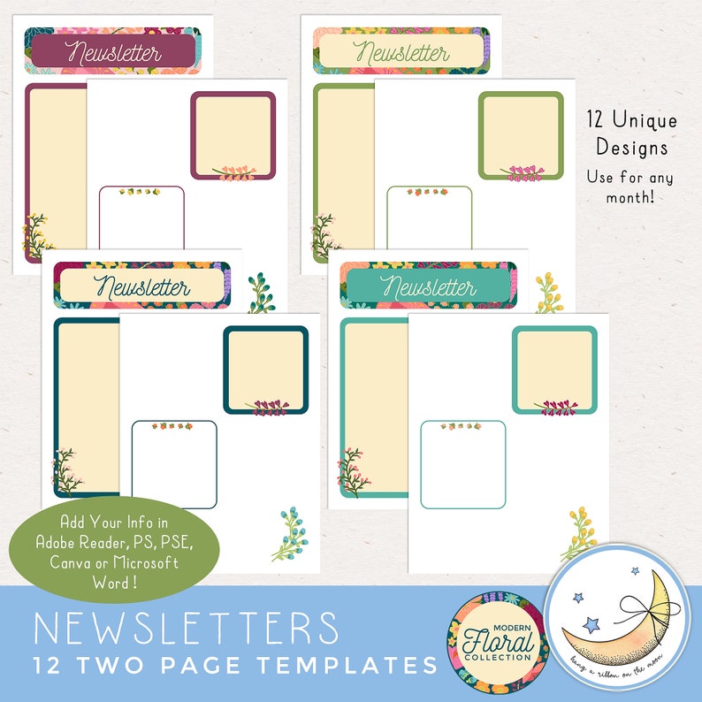 Editable Newsletter Two Page Templates: Adobe Reader, PS, PSE, Canva ...