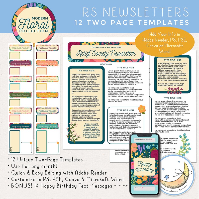 LDS Relief Society Editable Newsletter, 12 Two-page Templates: Adobe ...