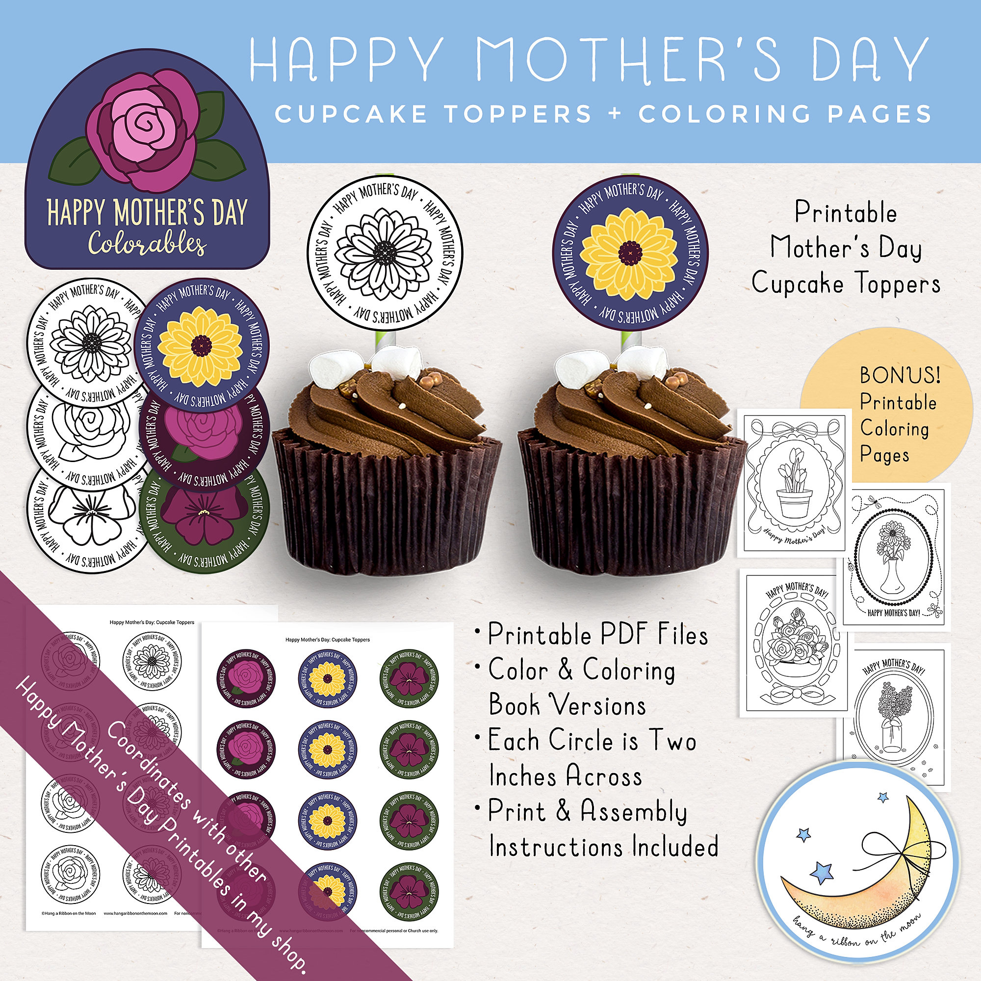 Mother's Day Cupcake Toppers, Printable PDF, Color or Coloring Book ...