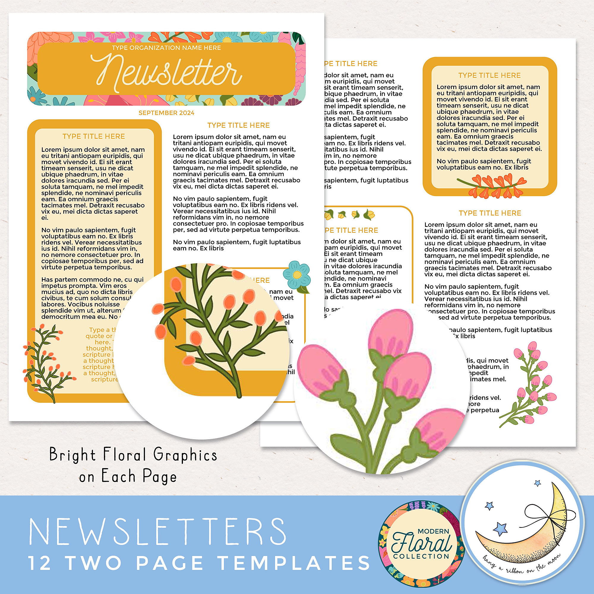 Editable Newsletter Two Page Templates: Adobe Reader, PS, PSE, Canva ...