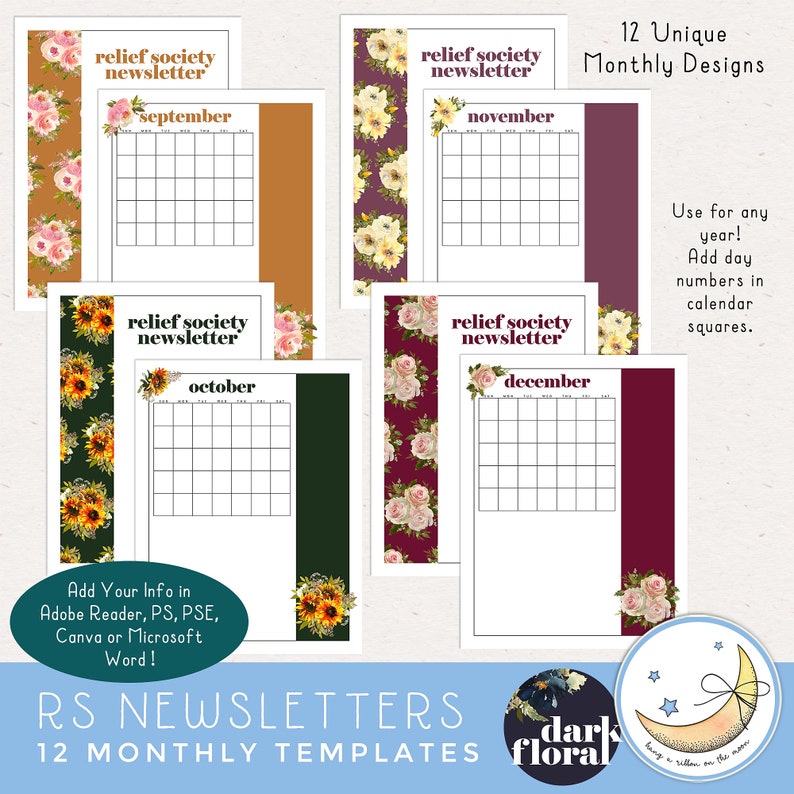 12 Months LDS Relief Society Newsletter Templates: Edit in Adobe Reader ...