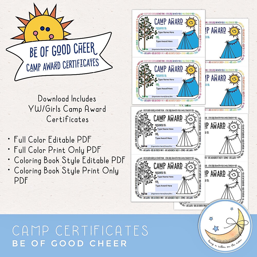 LDS Young Women Girls Camp Award Certificates, Editable Printable PDF ...