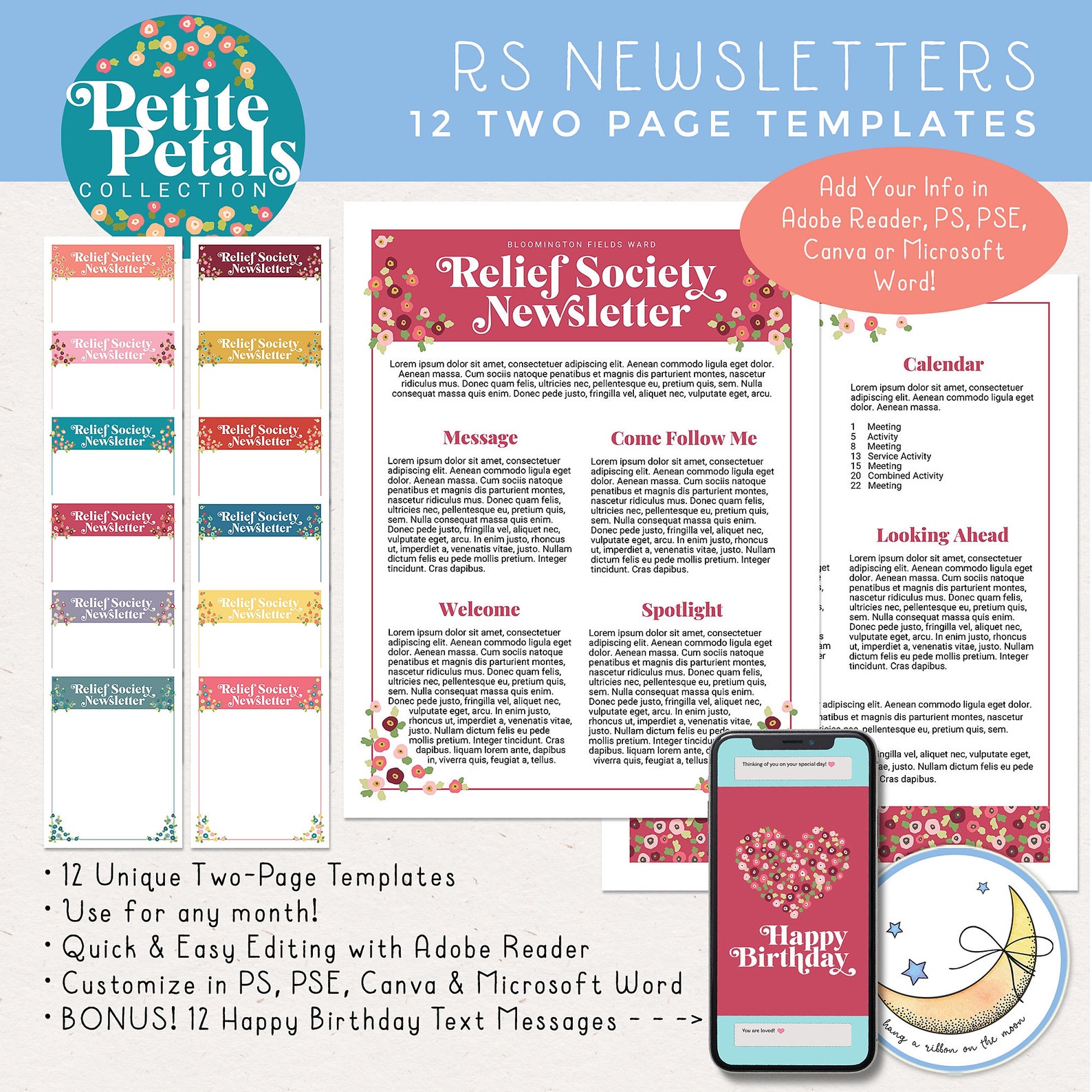 LDS Relief Society Newsletter Templates, 12 Months, Edit in Adobe ...