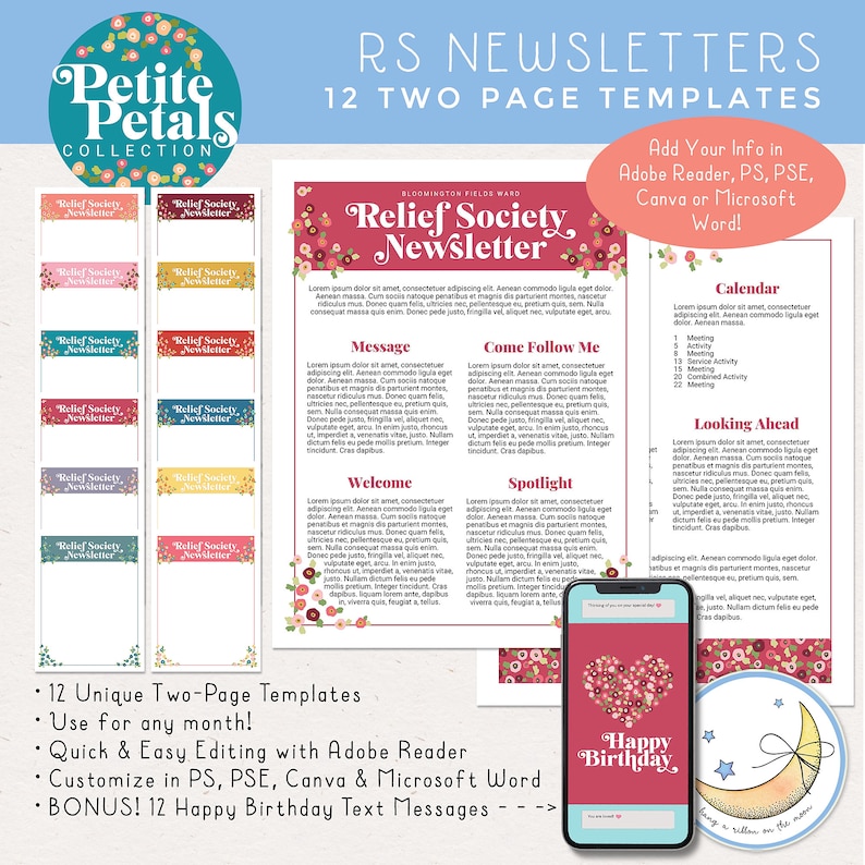 LDS Relief Society Newsletter Templates, 12 Months, Edit in Adobe ...