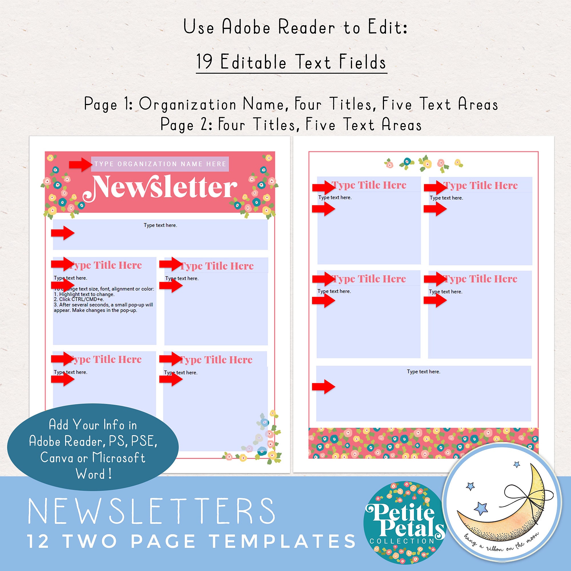 Newsletter Editable Templates 12 Months: Adobe Reader, PS, PSE, Canva ...