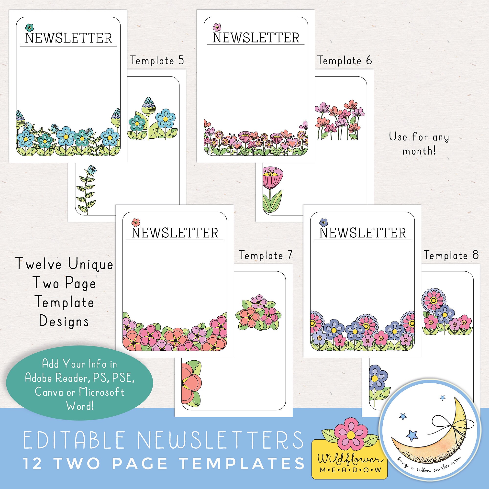 Editable Newsletter Templates, 12 Months, Two Pages, Editable Adobe ...