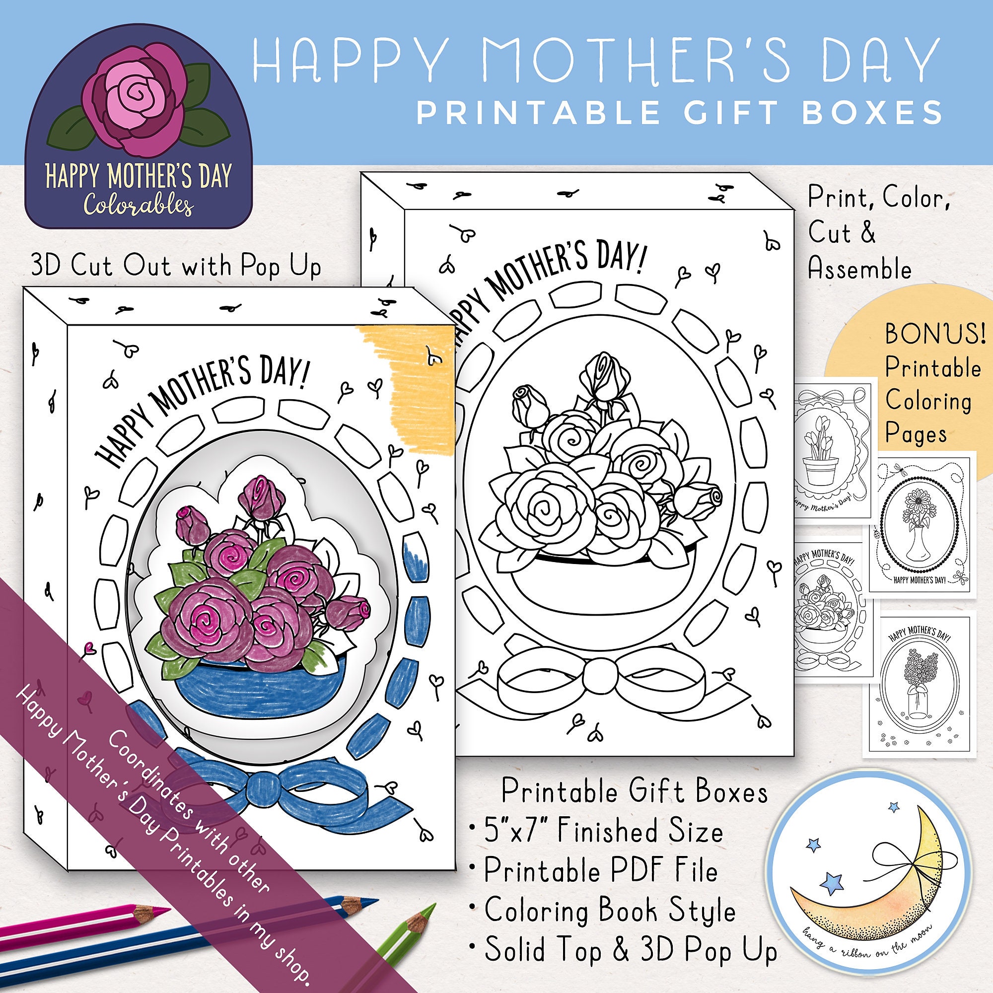 Mother's Day Printable Gift Boxes, 5x7 Inches, 3D Pop up and Solid Top ...