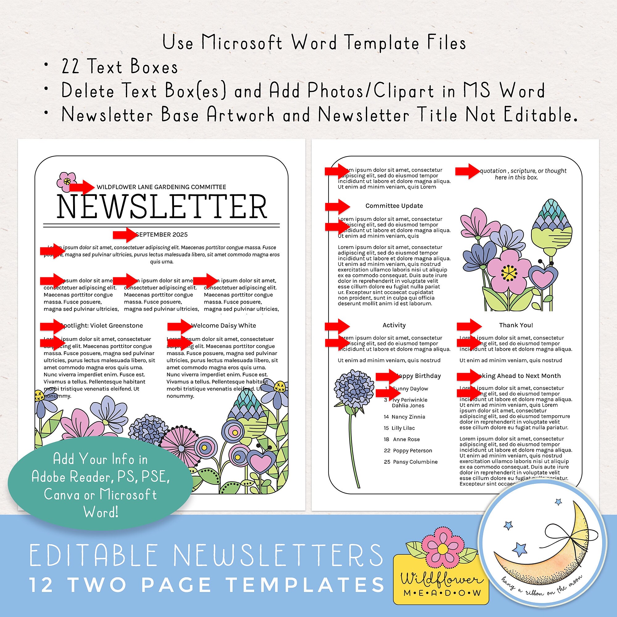 Editable Newsletter Templates, 12 Months, Two Pages, Editable Adobe ...