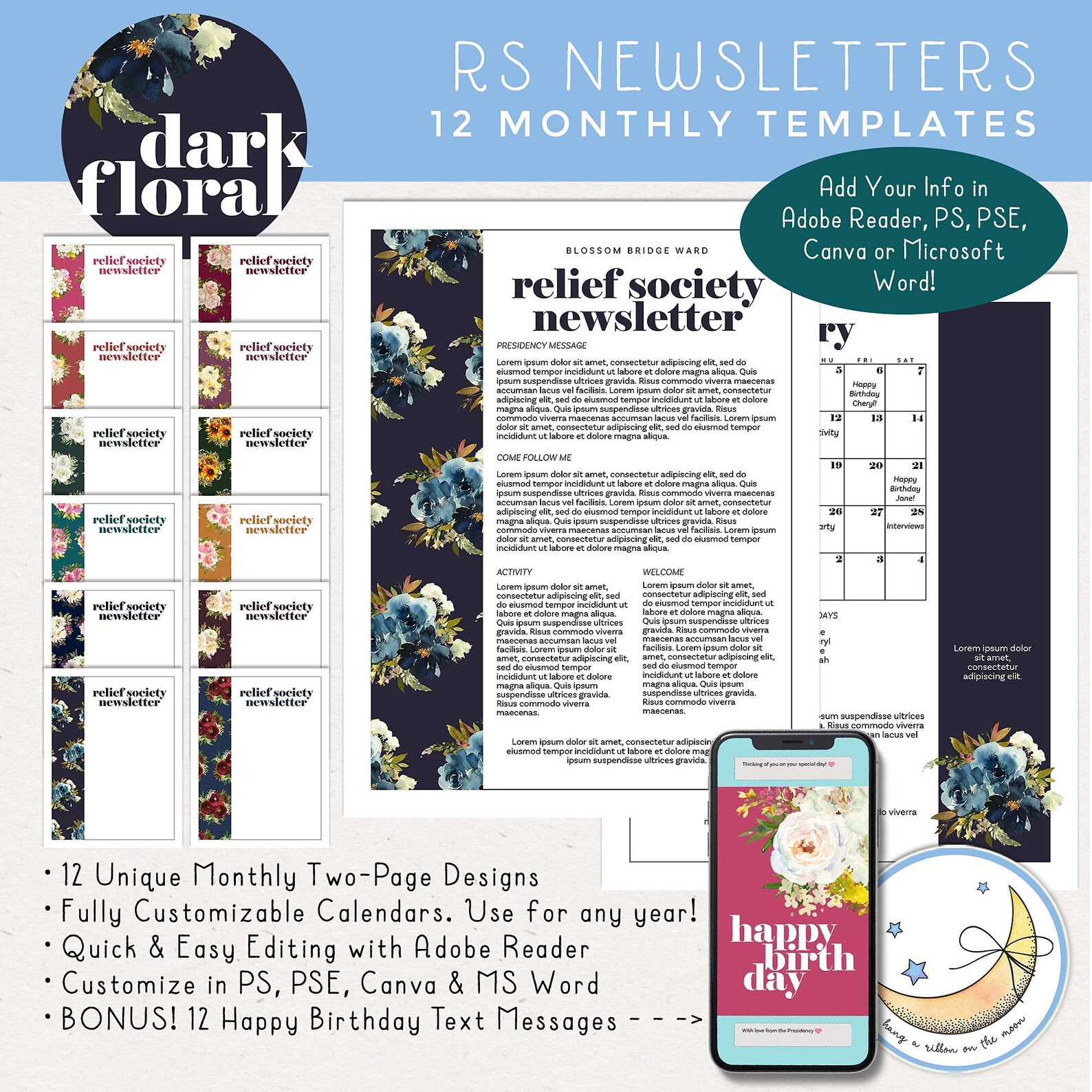 12 Months LDS Relief Society Newsletter Templates: Edit in Adobe Reader ...