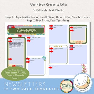 Editable Newsletter Two Page Templates: Adobe Reader, PS, PSE, Canva ...
