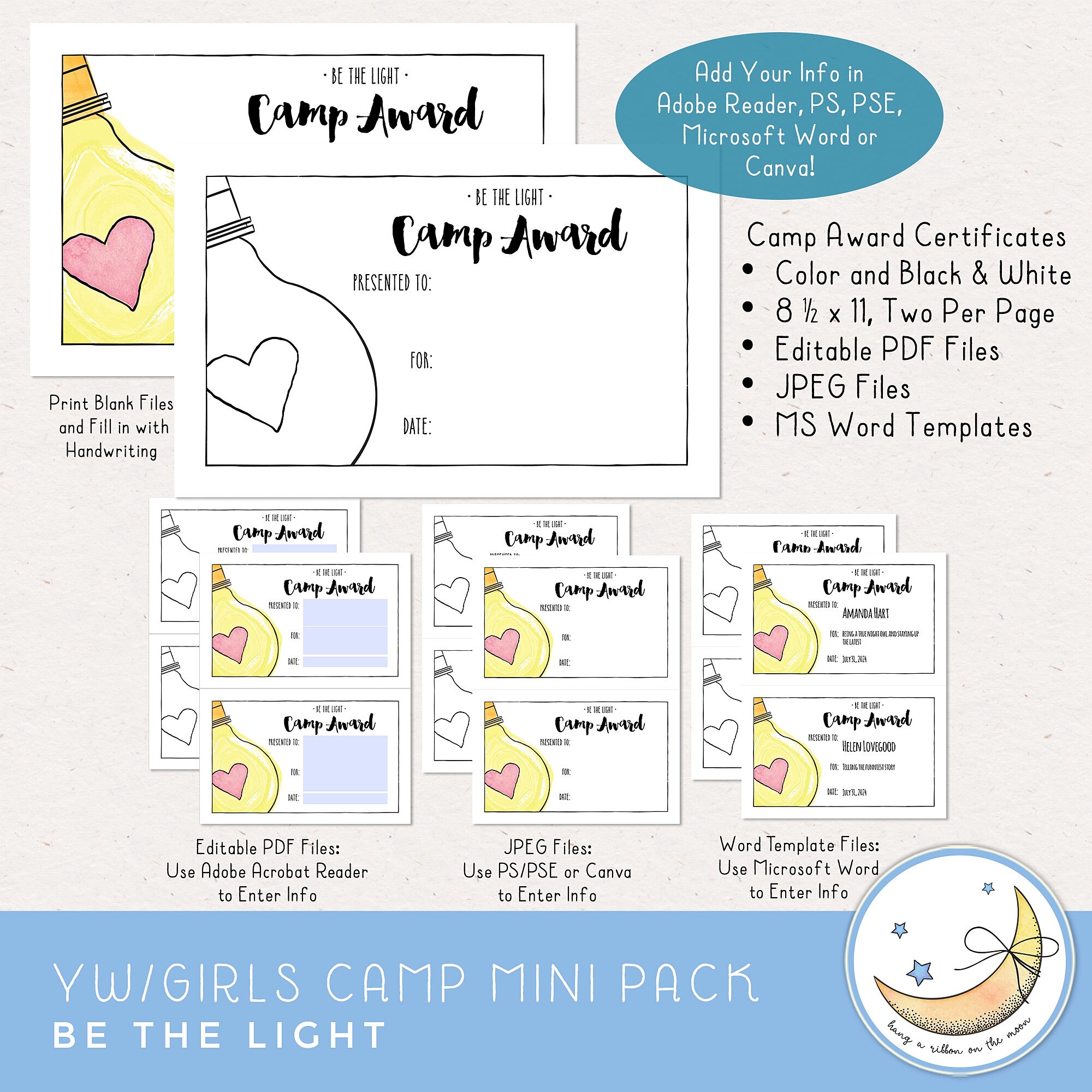 Young Women Girls Camp (LDS) Printables Pack, Be the Light Theme, T ...