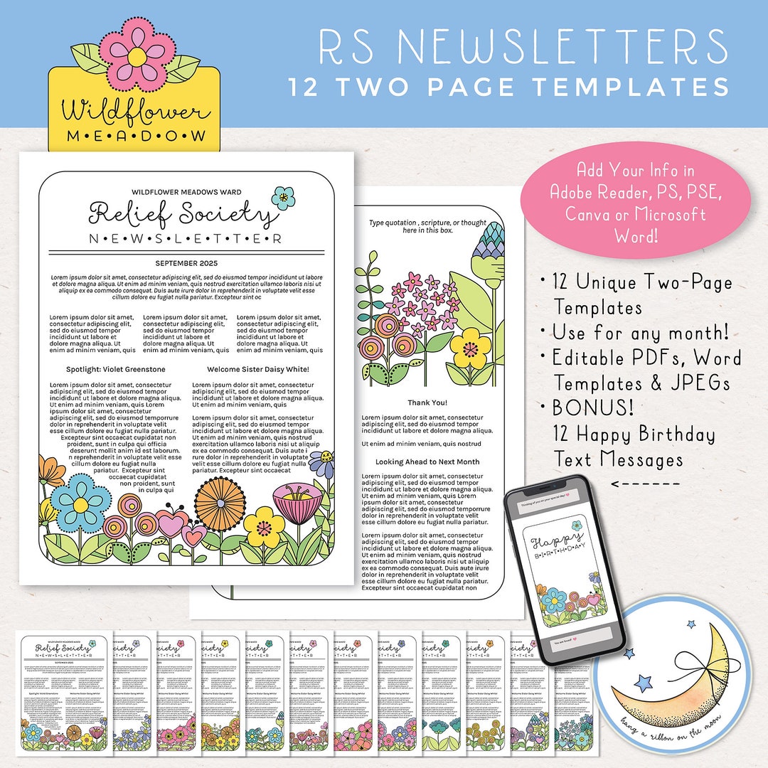 LDS Relief Society Newsletters, 12 Templates, Two Pages, Editable Adobe ...