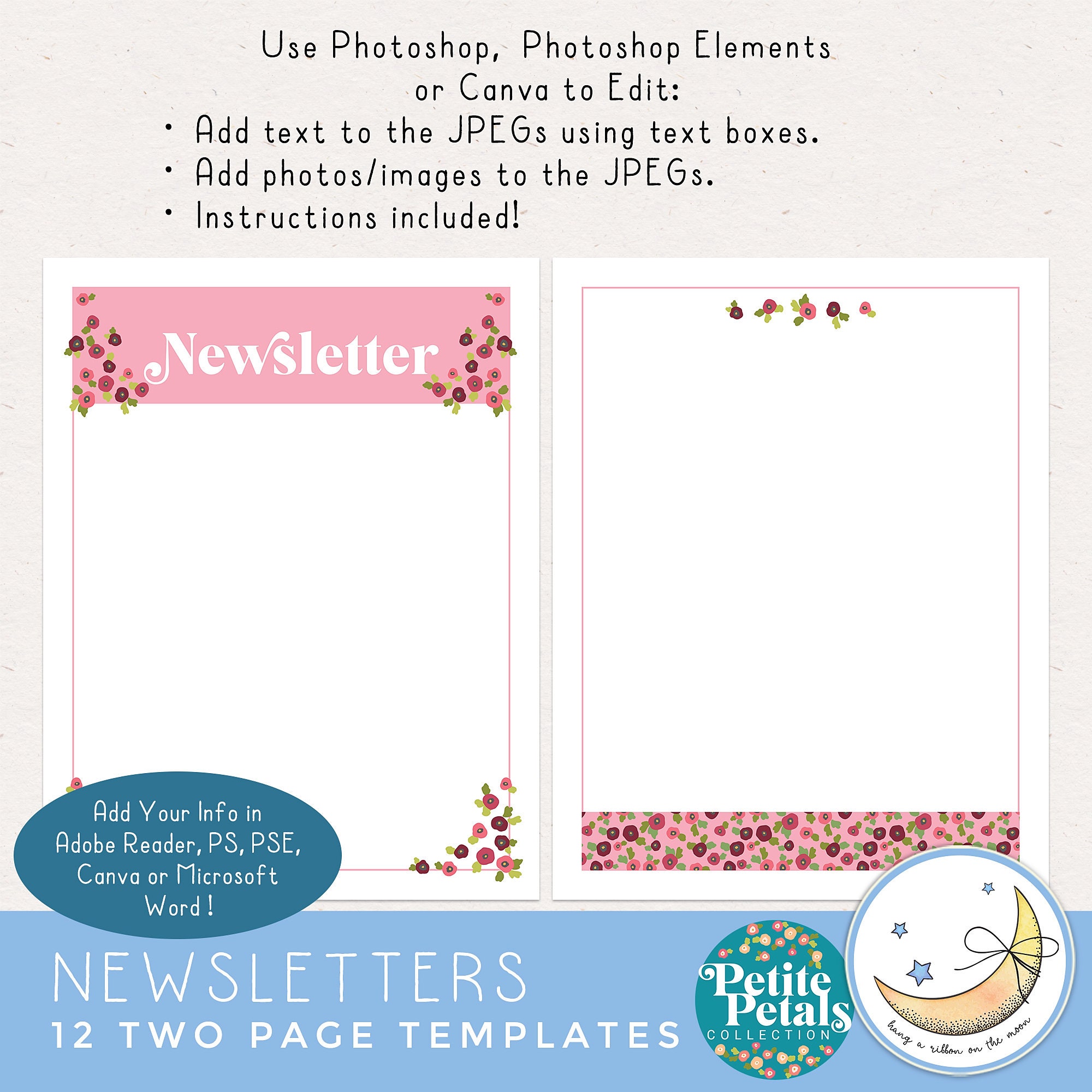 Newsletter Editable Templates 12 Months: Adobe Reader, PS, PSE, Canva ...