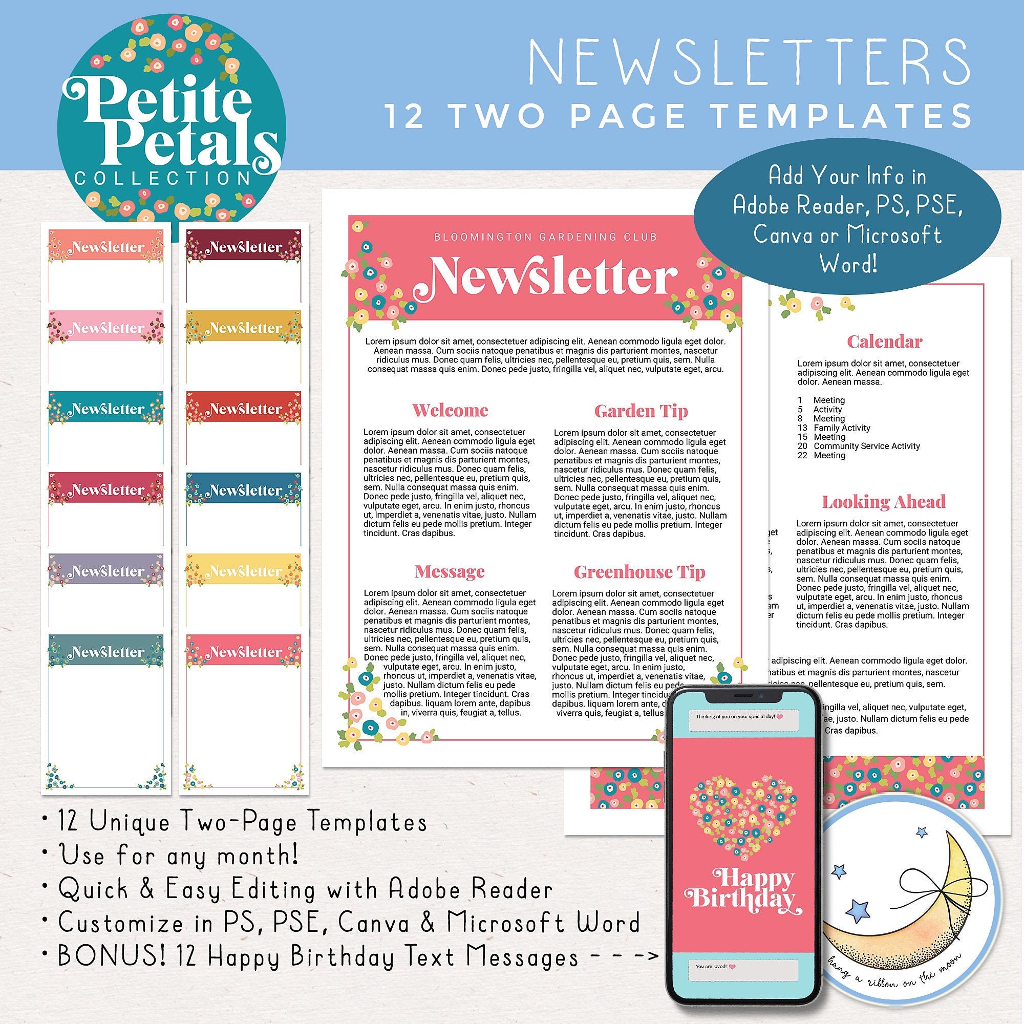 Newsletter Editable Templates 12 Months: Adobe Reader, PS, PSE, Canva ...