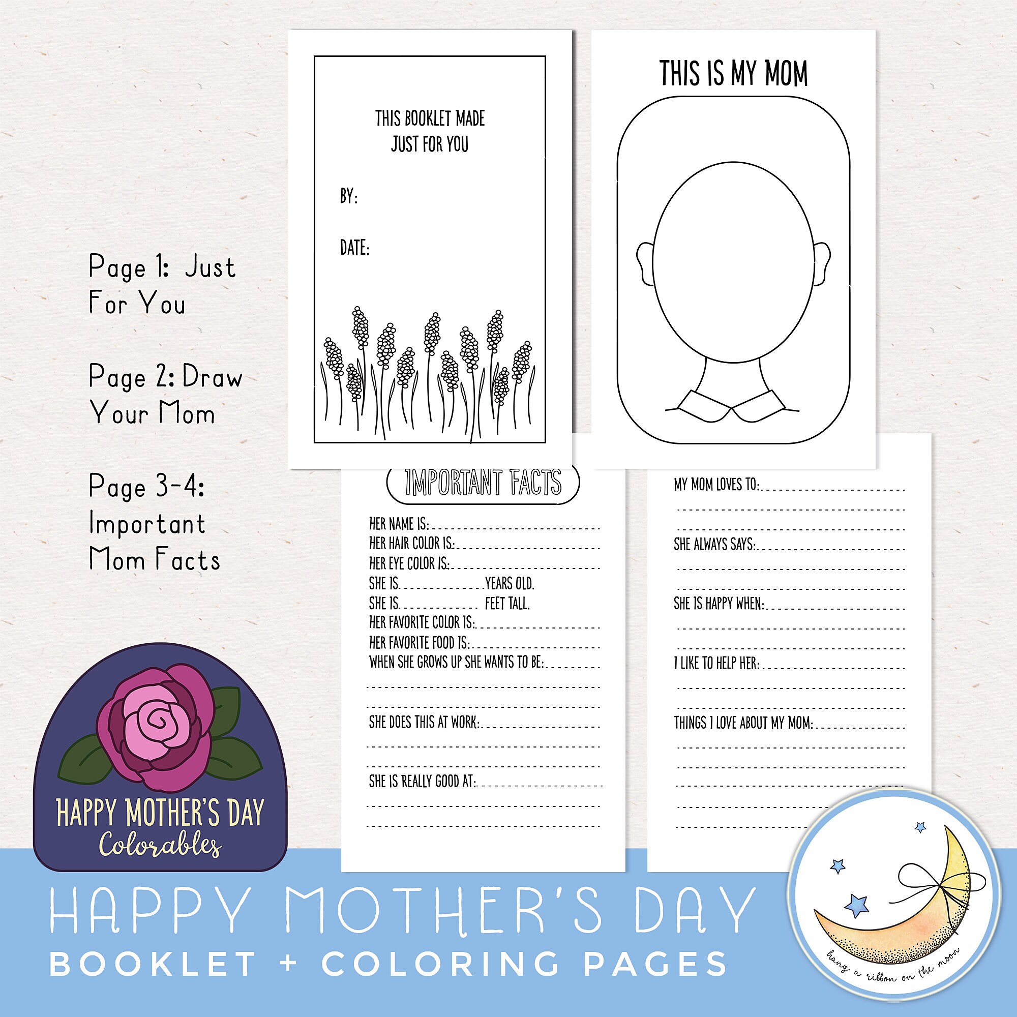 Mother's Day Booklet, Printable, All About My Mom, Coloring Book Style ...