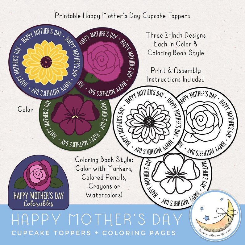 Mother's Day Cupcake Toppers, Printable PDF, Color or Coloring Book ...