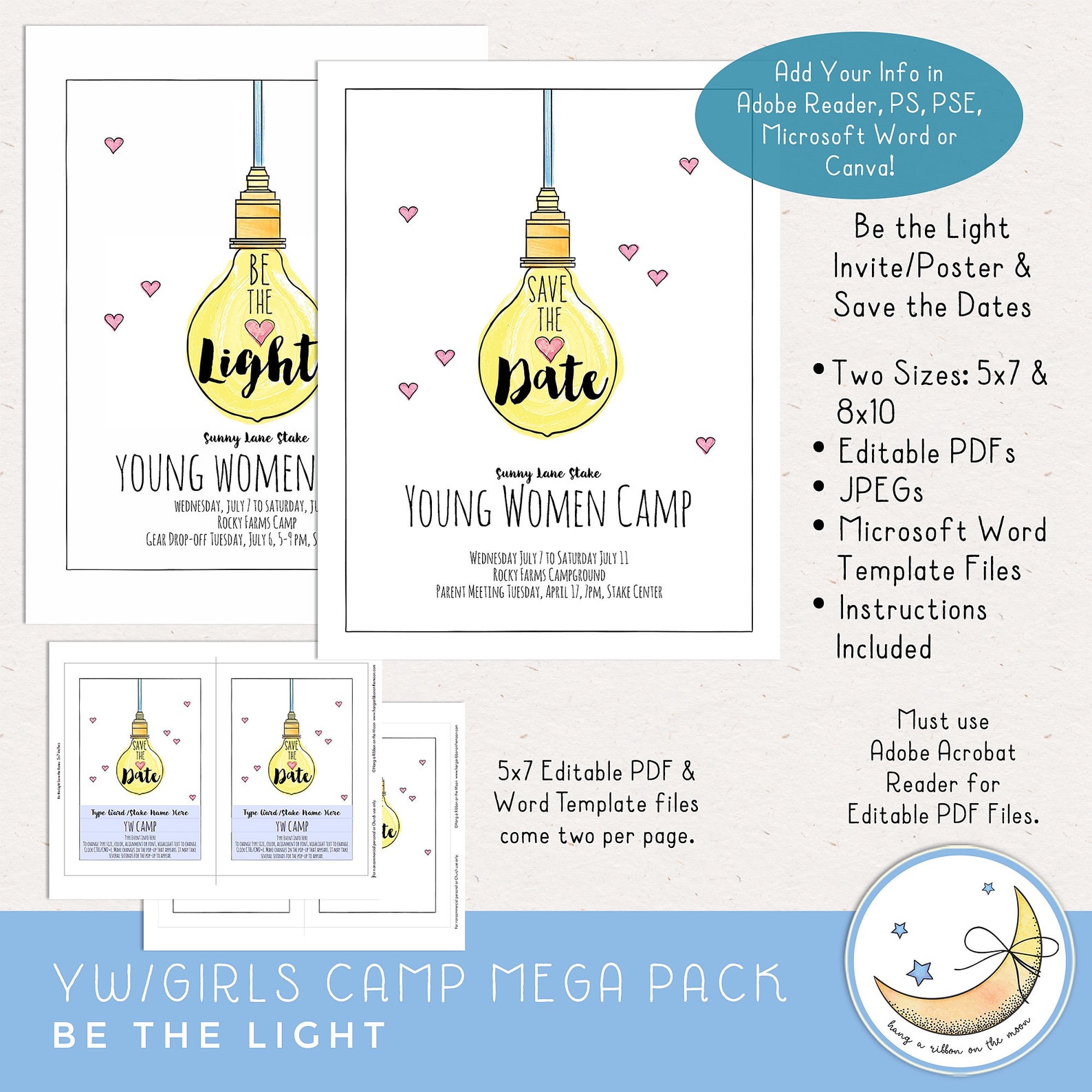 LDS Young Women Girls Camp Mega Pack, Be the Light Theme, Digital ...