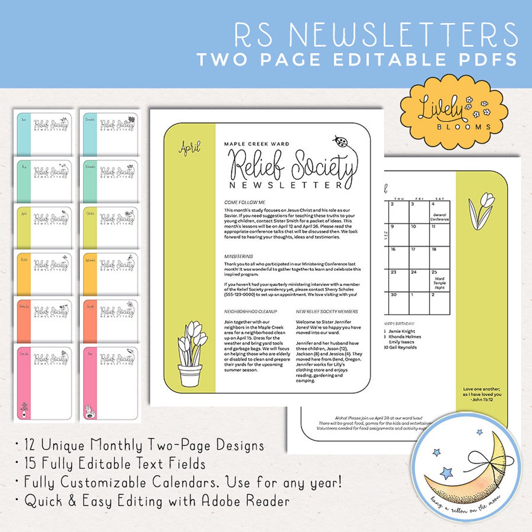 12 Months LDS Relief Society Newsletters Templates: Edit in Adobe ...