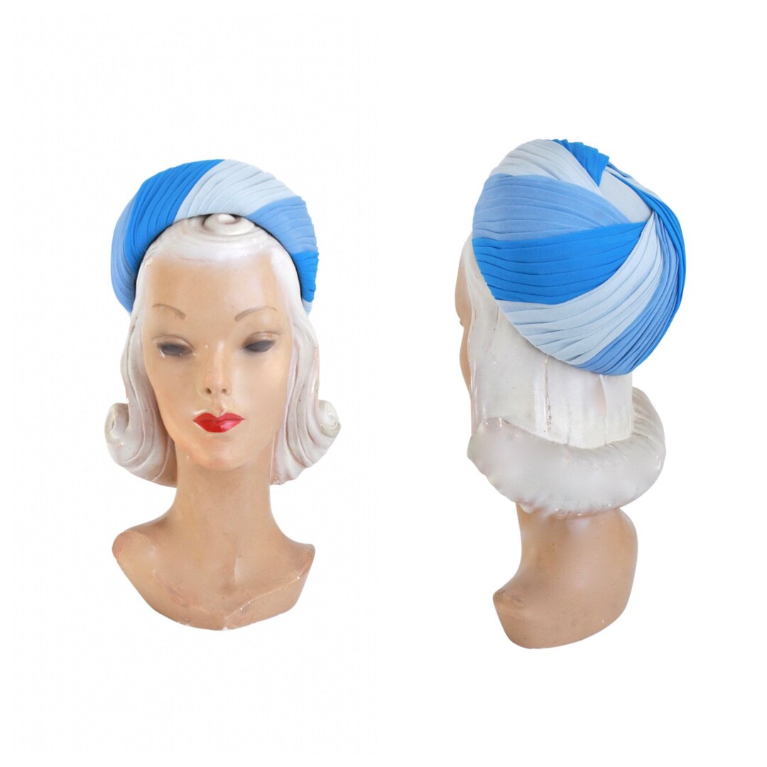 PRISTINE 1960s Shades of Blue Color Block Turban Toque Hat - Vintage ...