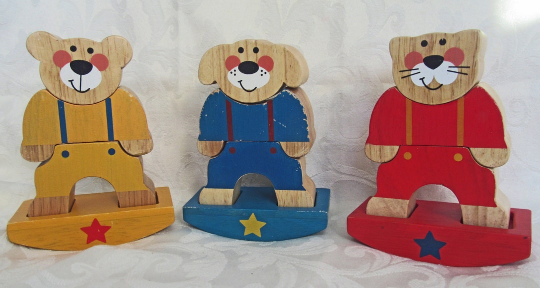 Wood Toys, Stackable Wood Blocks, Stackable Bears, Vintage Wood Blocks ...