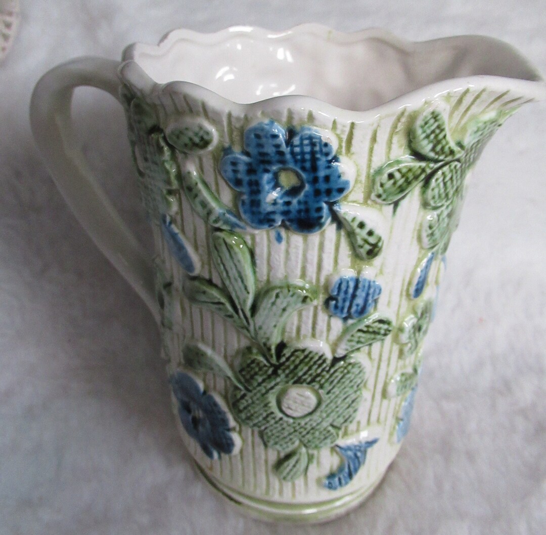 Vintage Ceramic Juice Pitcher: 1970s Green & Blue Floral Jug - Etsy