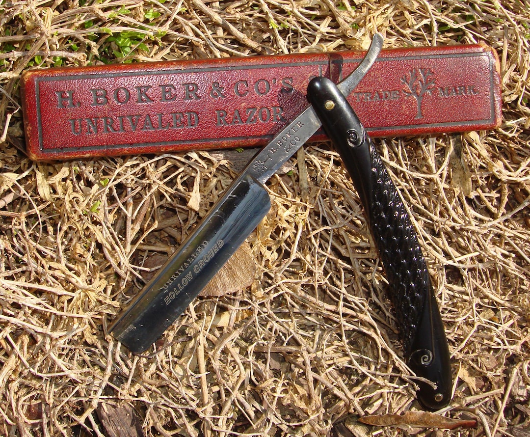 Straight Edge Fold up Razor, H. Boker & Co's Unrivaled Razor Hollow Ground, Black Engraved ...