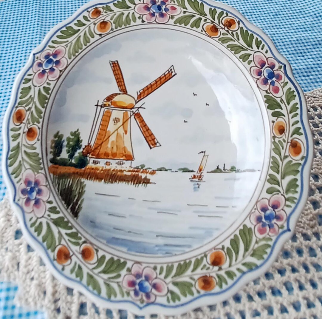 Antique Delft Windmill Bowl: Hand-painted Dutch Pottery; Polychrome ...