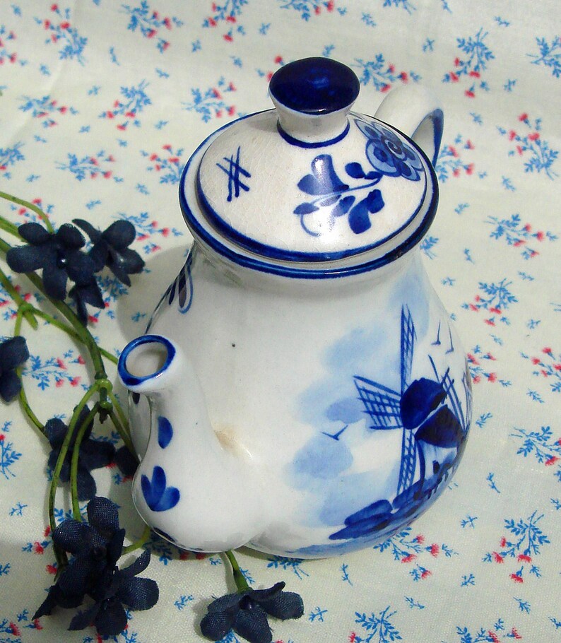 Vintage Delft Blue Miniature Teapot: Hand-painted Windmill, Holland ...