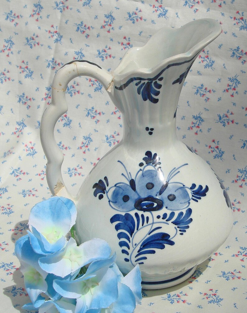 Blue Delft Pitcher: Hand-painted Dutch Windmill Vase (cracked Handle AS ...