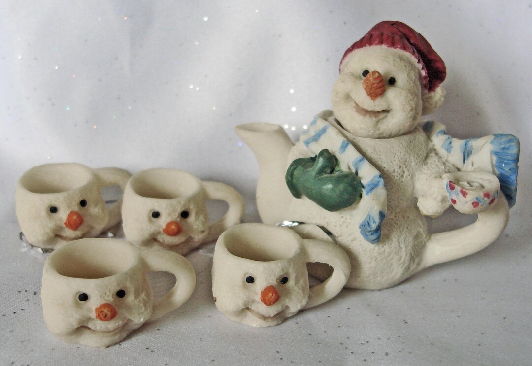 Miniature Snowman Tea Set, Resin 6 Piece, Toy Teapot, 4 Cups, Doll ...