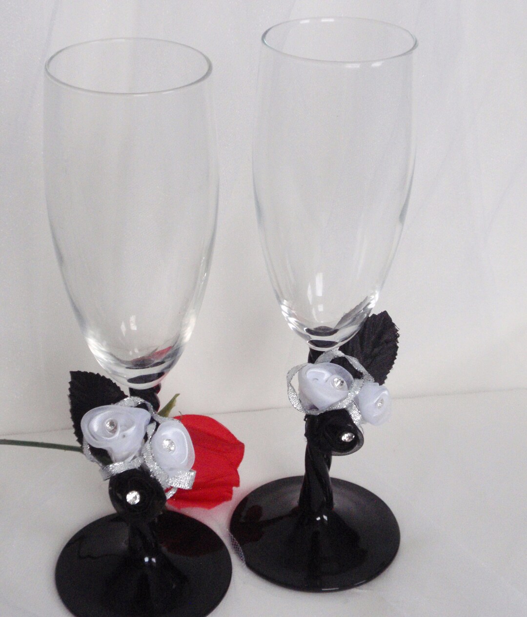 Set of 2 (TWO) Black Stem Flutes, Clear Glass and Swirl Black Stem ...